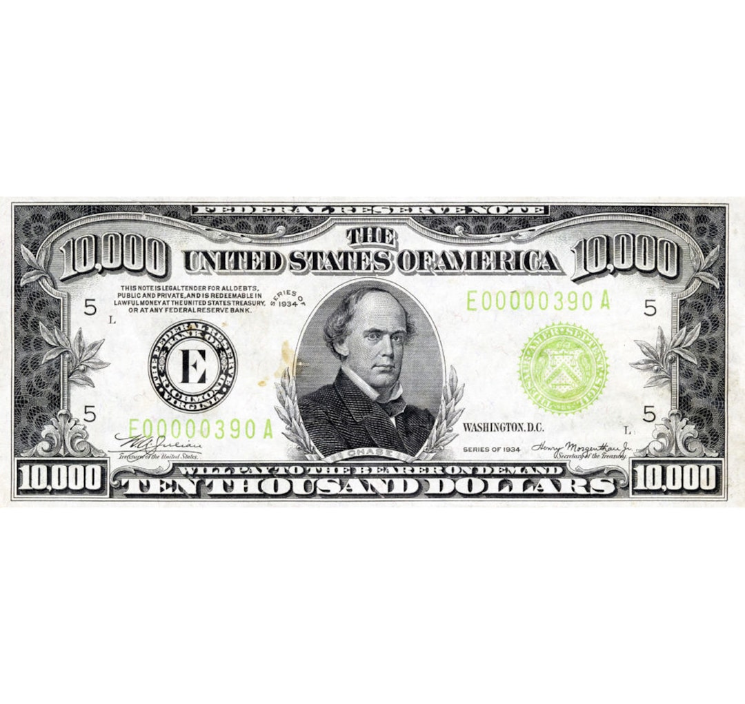 Replica First 10,000 Ten Thousand Dollar Note 1934 "green Back" Bank ...