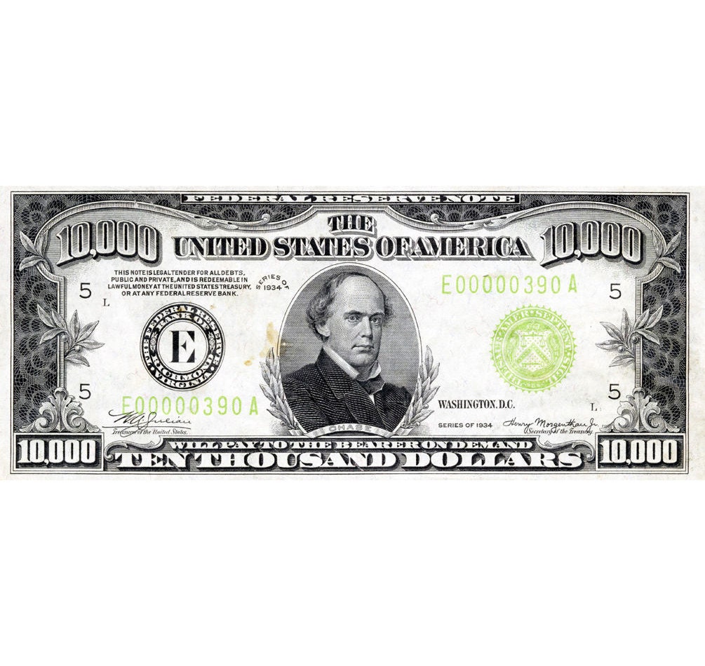 Replica First 10,000 Ten Thousand Dollar Note 1934 "green Back" Bank ...