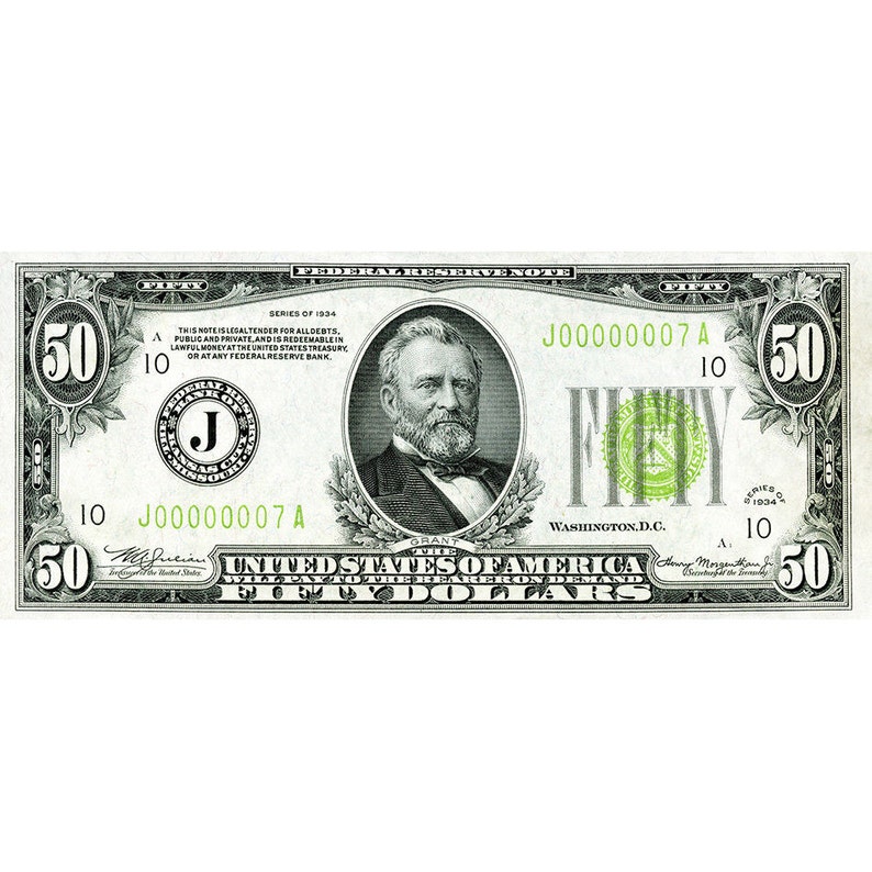 Replica First 50 Fifty Dollar Note 1934 "green Back" Bank Note Copy - Etsy