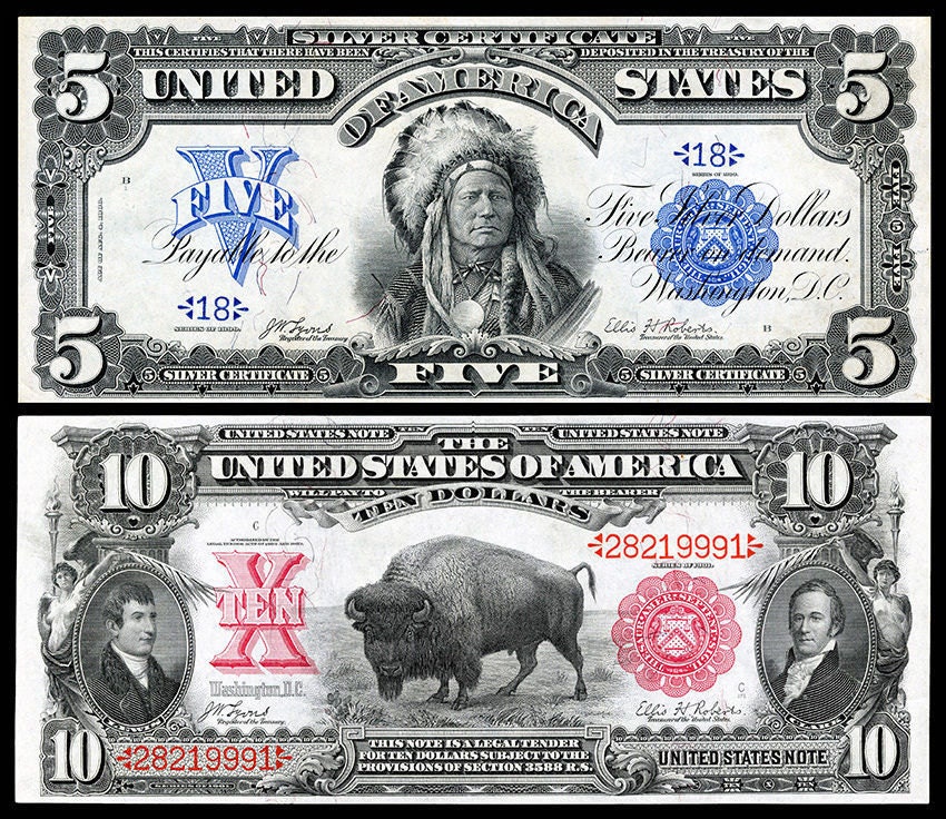 Replica Pair 5 1886 Lincoln "indian Chief" & 1901 "buffalo" Bank Note ...