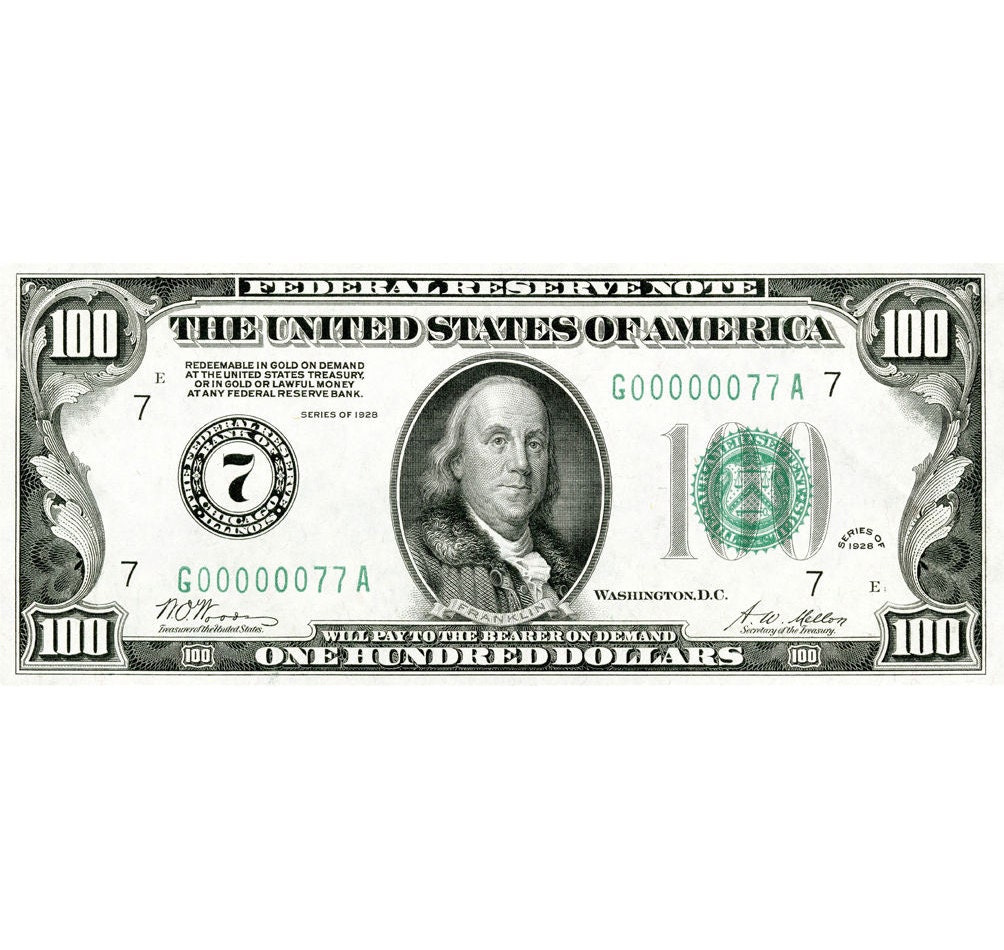 Replica First 100 Dollar Note 1928 "green Back" Bank Note Copy - Etsy