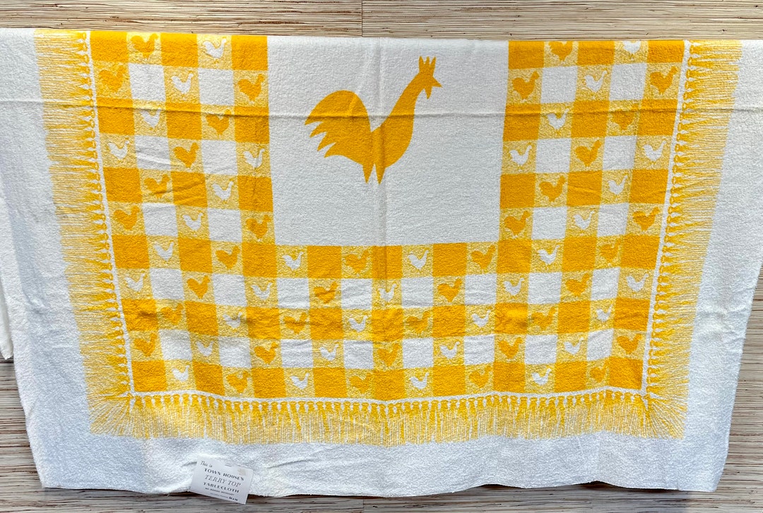 Vintage Chicken Terry Cloth Tablecloth, 1970s, Yellow Tablecloth, This ...