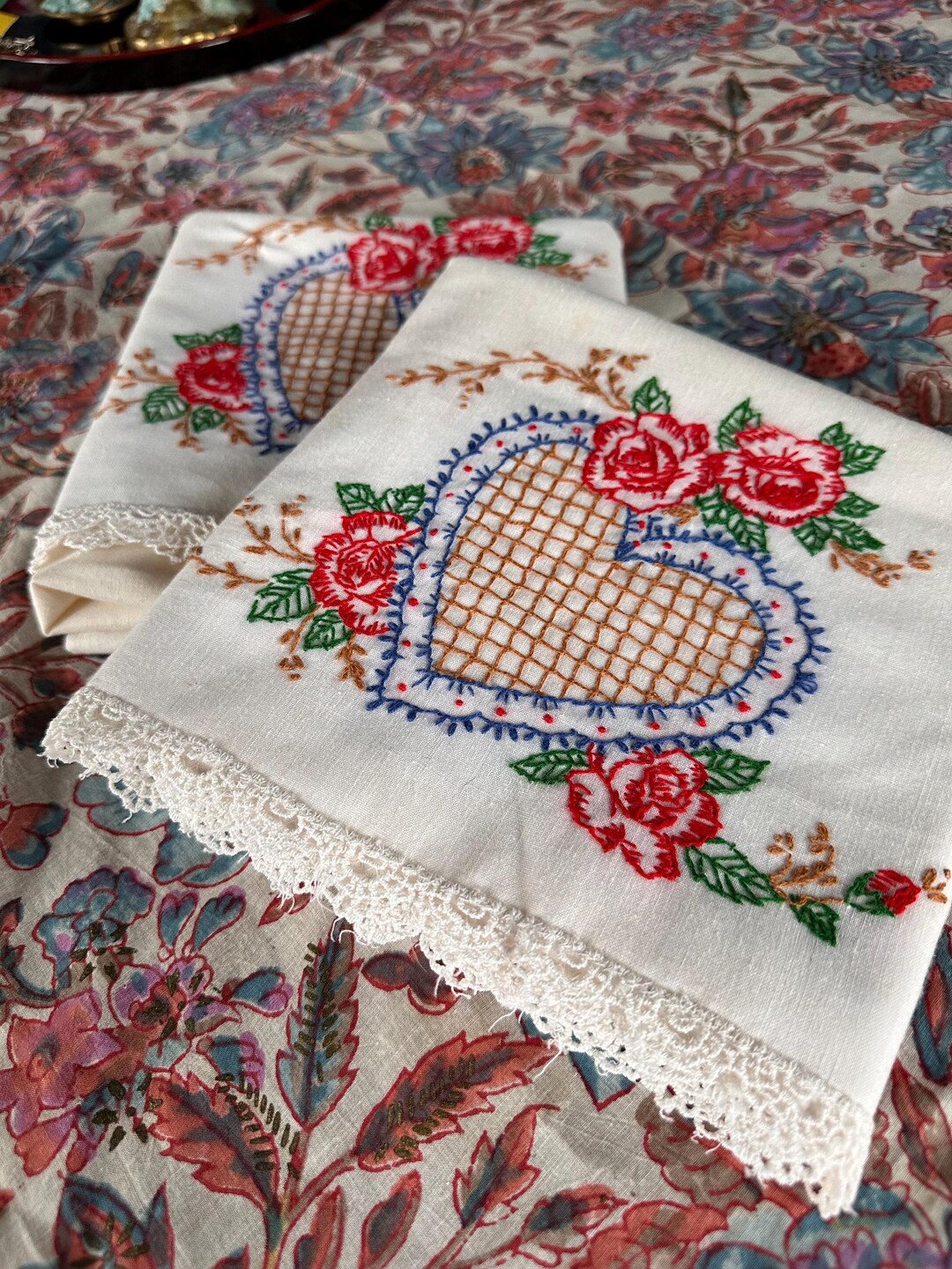 Vintage Hand Embroidered Pillowcases With Hearts and Roses Set of 2 - Etsy