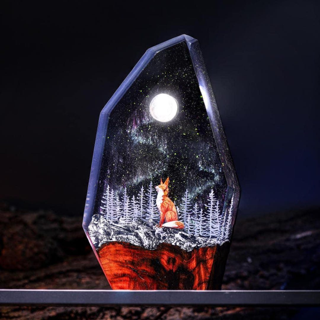 Aurora Borealis Lamp Fox Epoxy Night Light, Northern Lights Resin Art ...