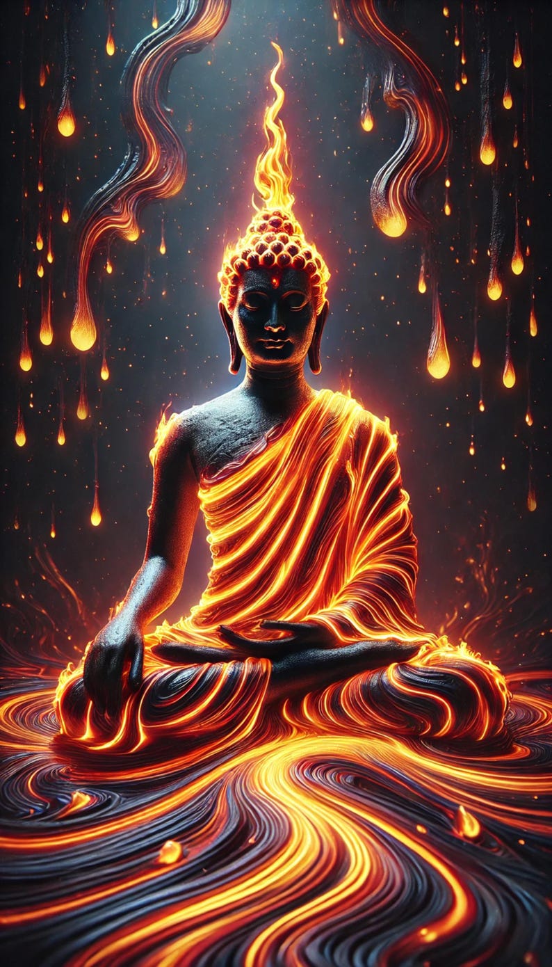 Fiery Buddha Lava Statue Digital Print Meditative Molten Art for Yoga ...