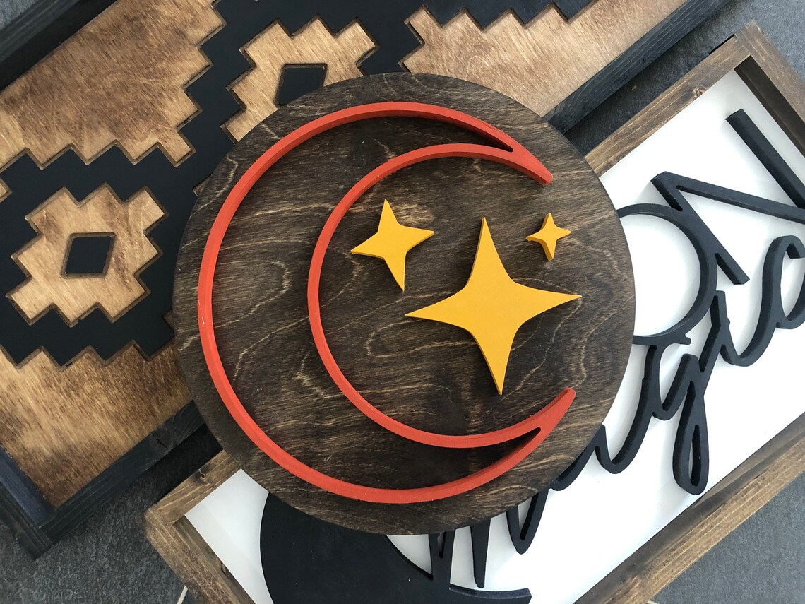 Moon and Star Wood Sign 12 Inch Round Boho Theme Nursery Decor | Etsy