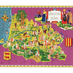 Gascony Illustrated Map by Lucien Boucher | Gascogne and Béarn French ...