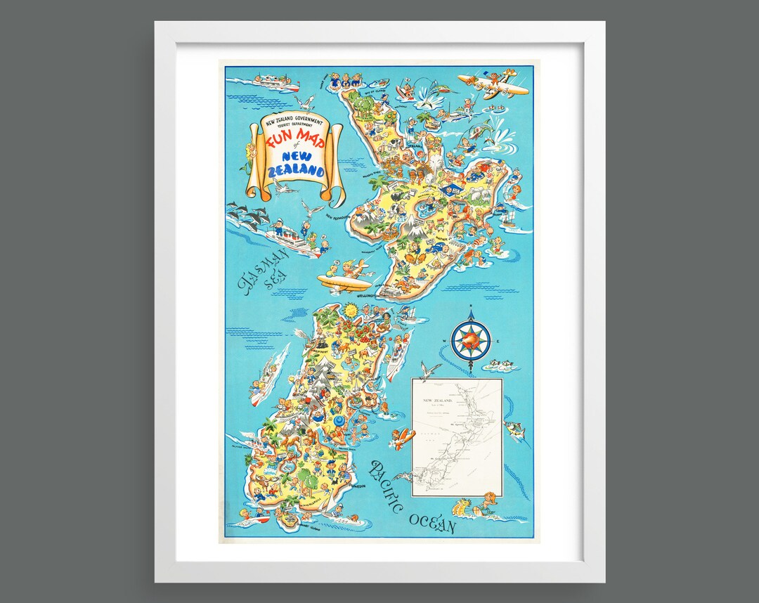 A Fun Map of New Zealand | Vintage Map Poster | Retro Print | Vintage ...