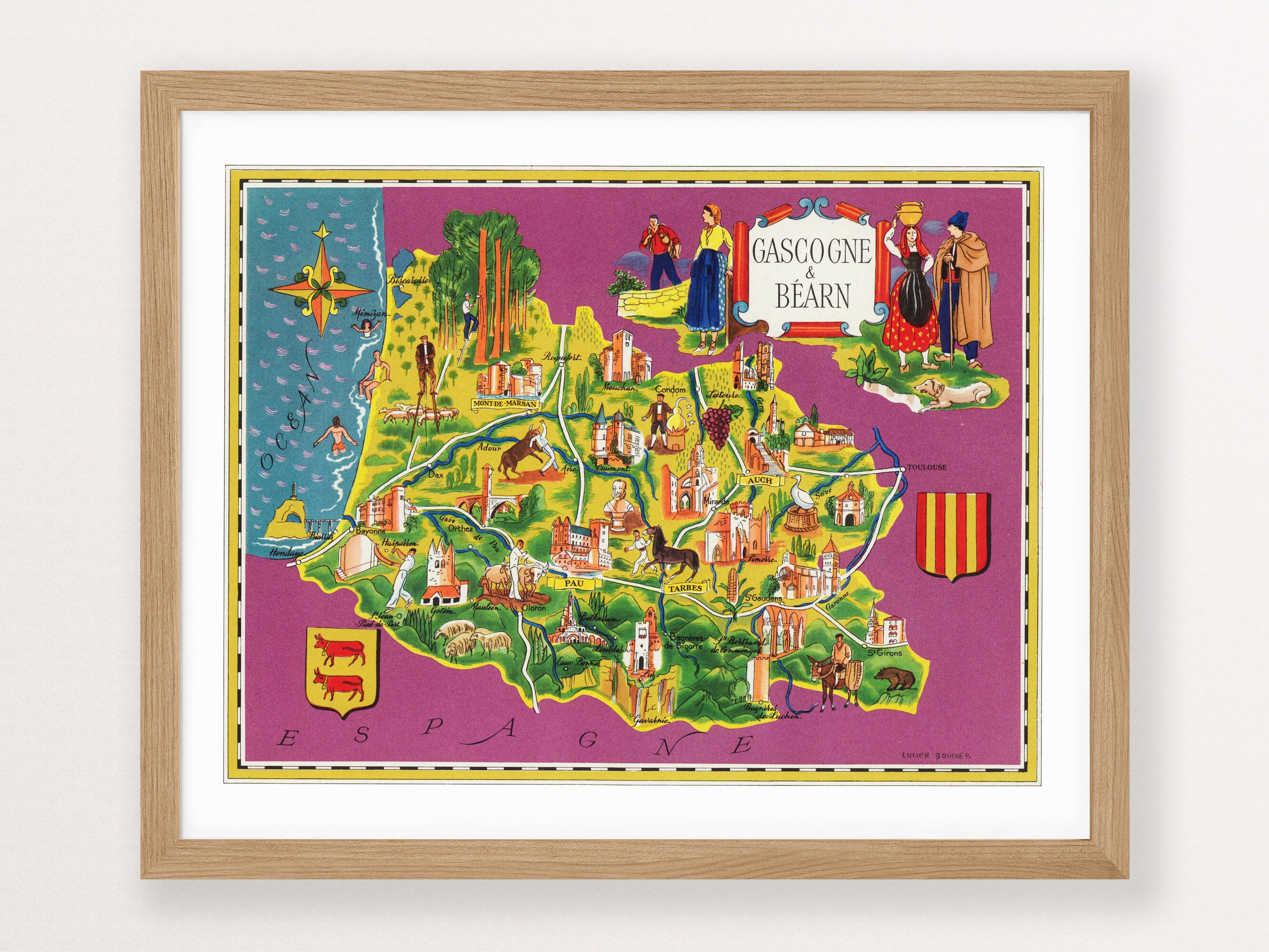 Gascony Illustrated Map by Lucien Boucher | Gascogne and Béarn French ...