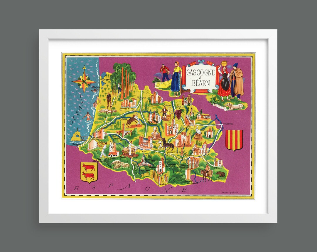 Gascony Illustrated Map by Lucien Boucher | Gascogne and Béarn French ...