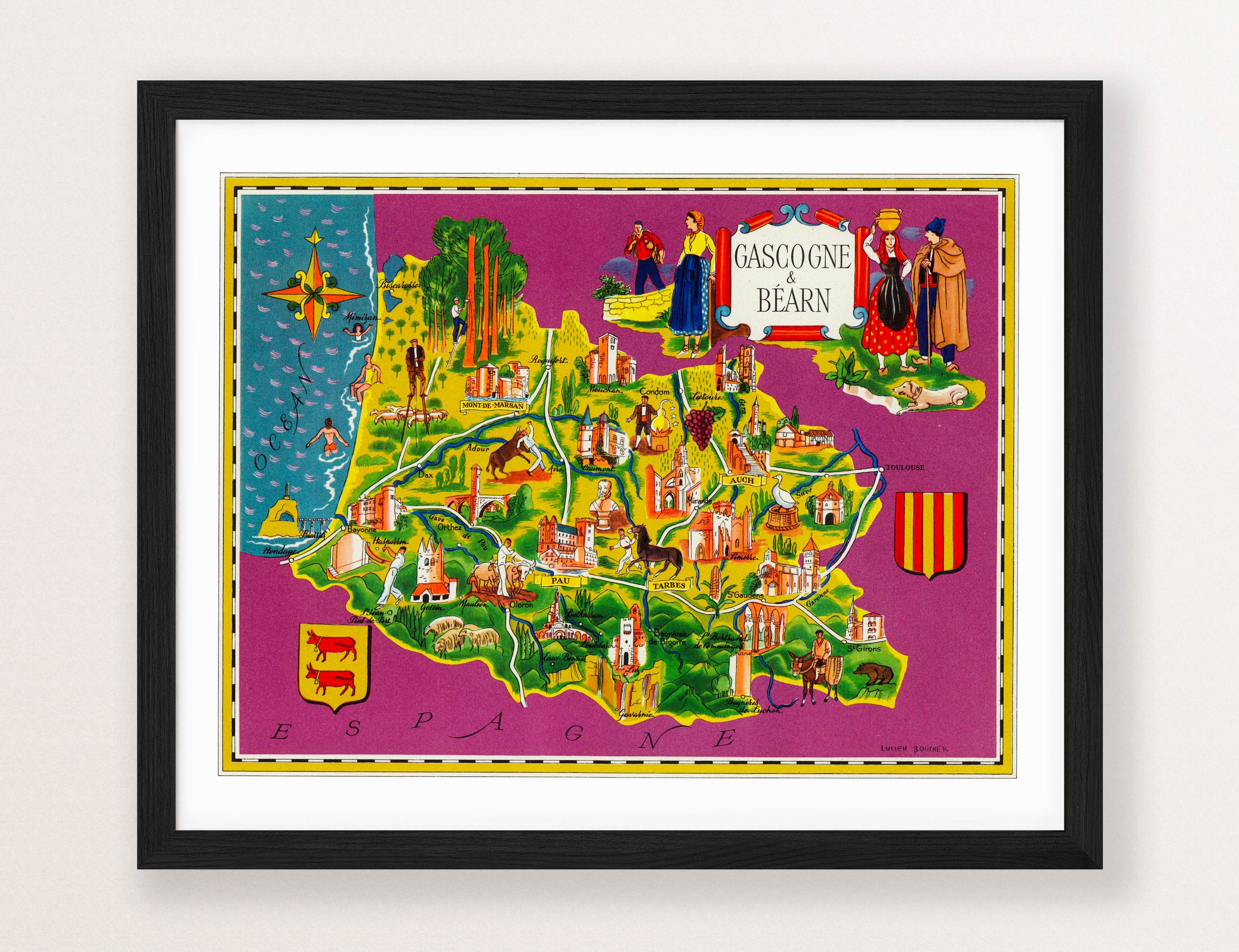 Gascony Illustrated Map by Lucien Boucher Gascogne and Béarn - Etsy UK