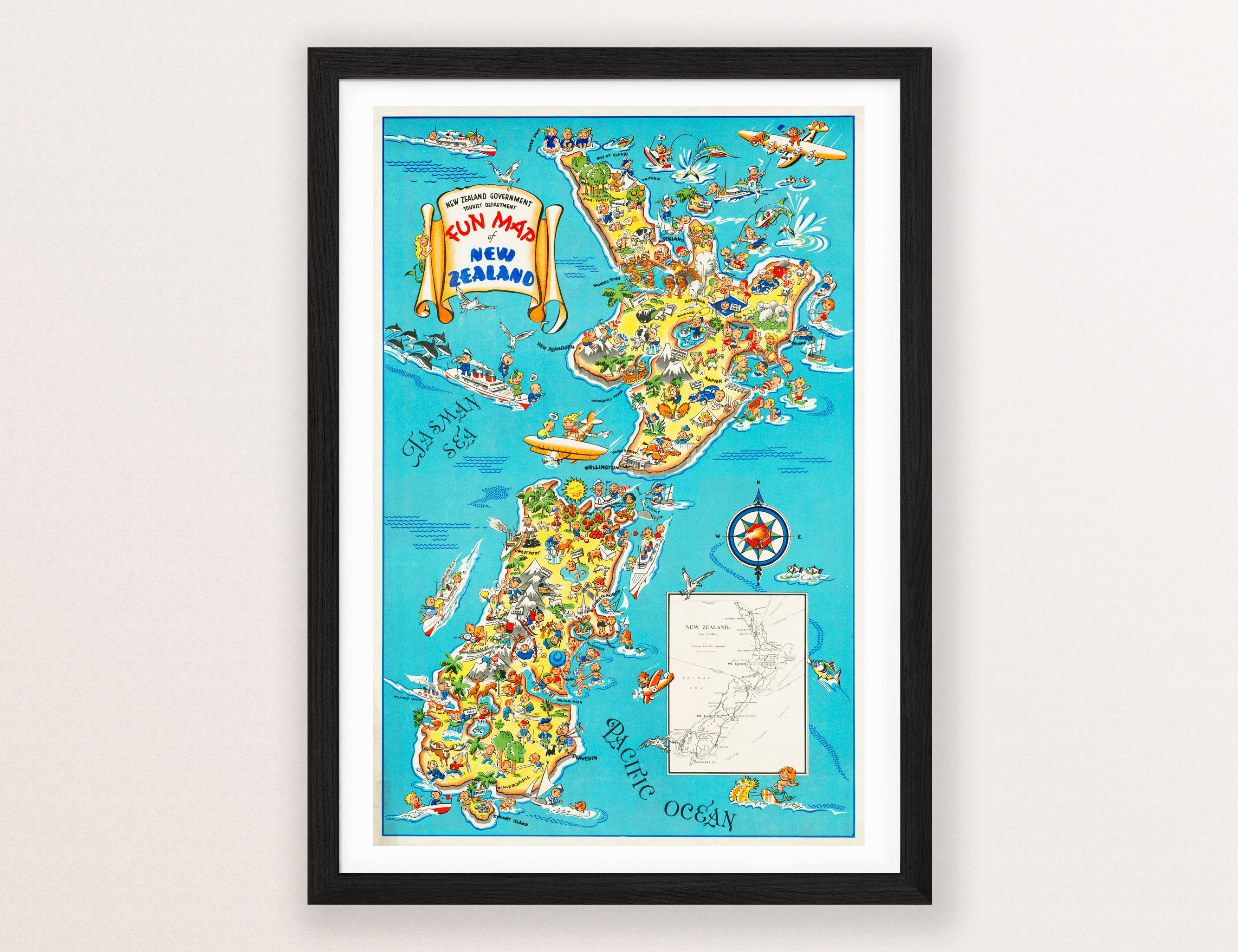 A Fun Map of New Zealand Vintage Map Poster Retro Print Vintage Wall ...
