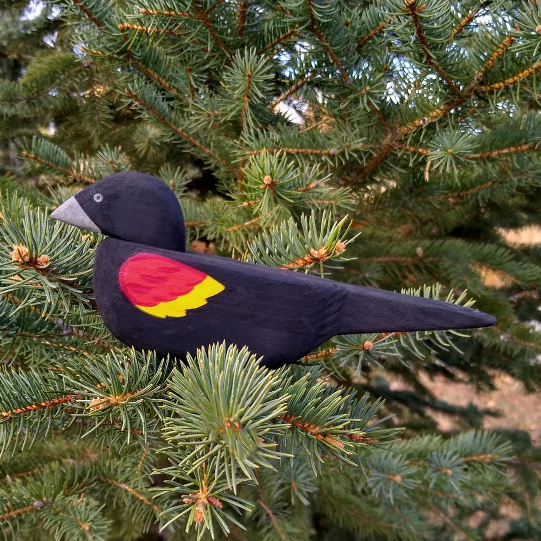 Handmade Red Winged Blackbird Figure, Wood Bird Ornament, Folk Art ...
