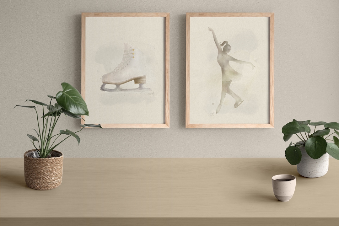 Figure Skating Watercolor Art, Set of 2 Beige Prints, Neutral Wall Art ...