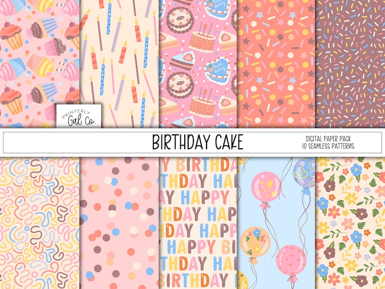 Birthday Cake Digital Papers | Floral, Sweets, Pastry Seamless Patterns ...