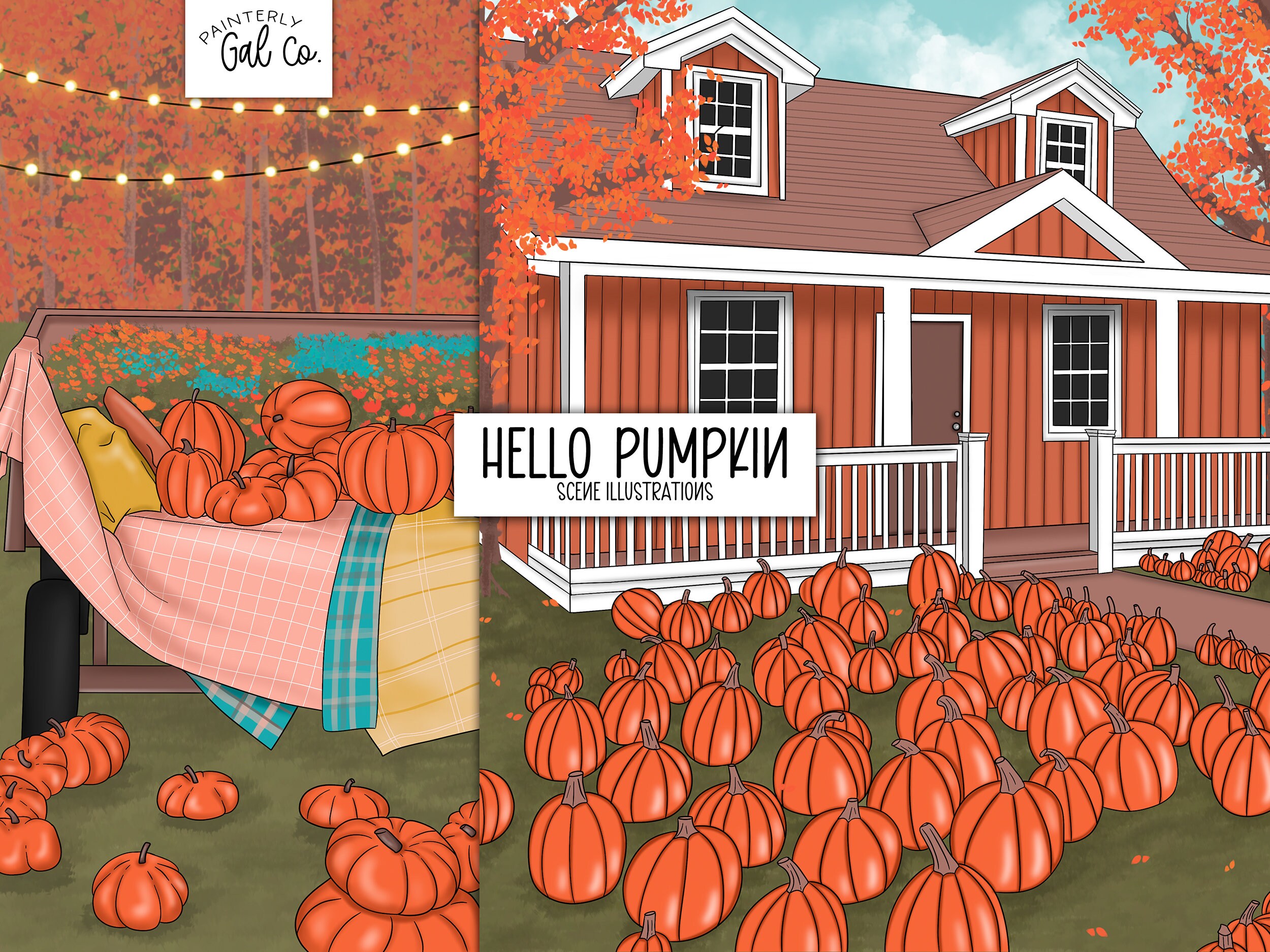 Hello Pumpkin Fall Autumn Pumpkin Scene Illustrations - Etsy