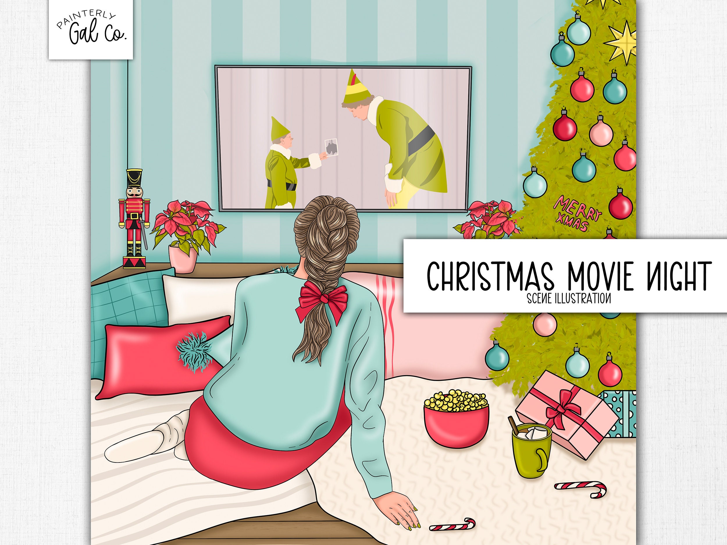 Christmas Movie Night Illustration - Etsy