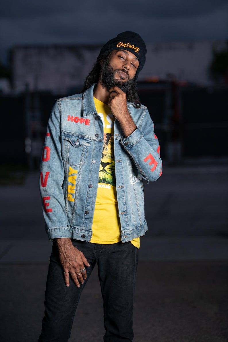 Cooyah Men's Rasta Lion Denim Jacket Hand-printed - Etsy