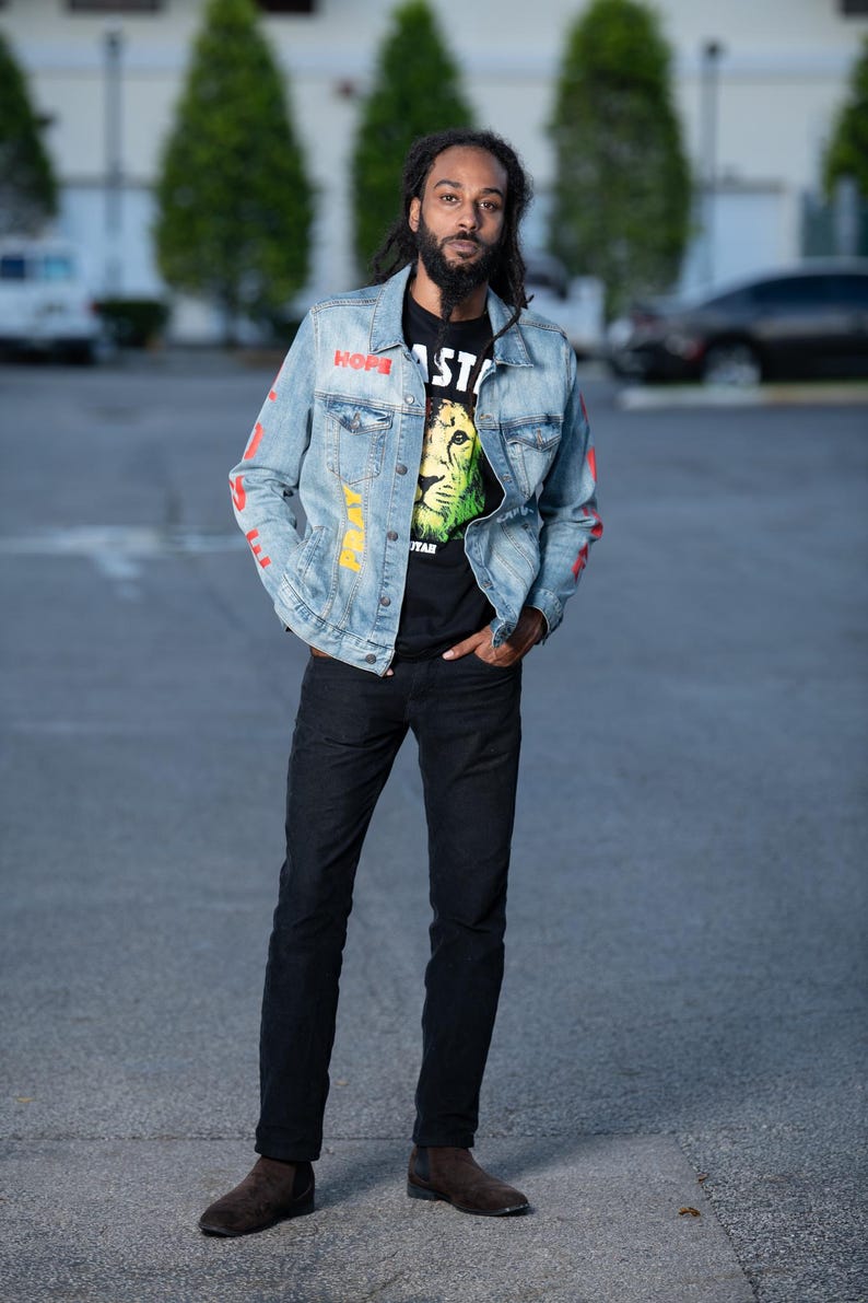 Cooyah Men's Rasta Lion Denim Jacket Hand-printed - Etsy