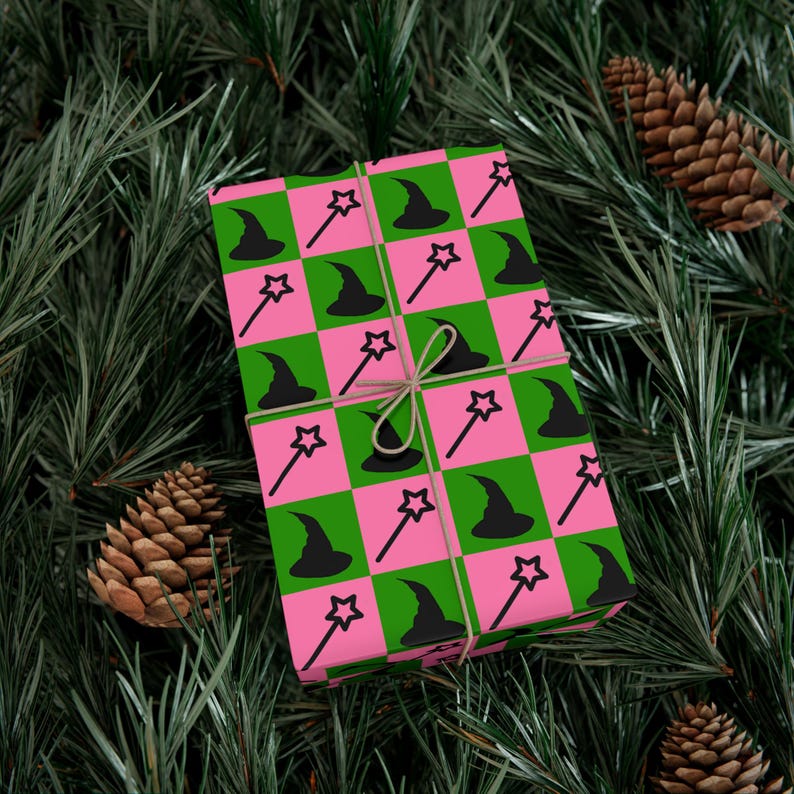 Wicked Inspired Wrapping Paper Pink Squares With Glinda's Wand & Green ...