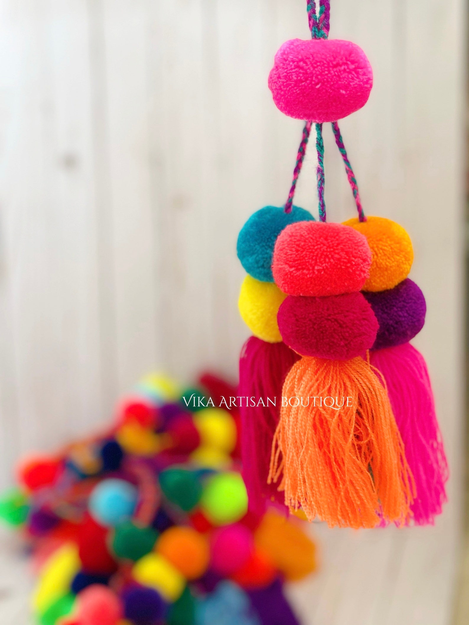 Multicolor Tassel Pom Poms for Bags Stacked Tassel Tie On-rear View ...