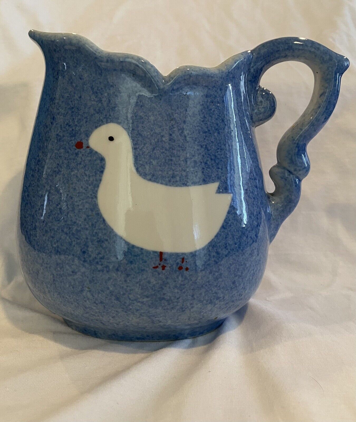 Vintage Calico China Blue Speckled Porcelain Pitcher White Painted Duck ...