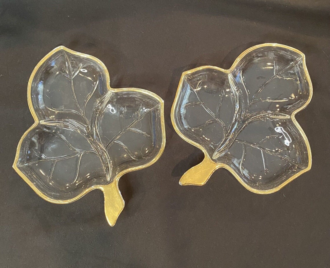 Vintage Leaf Shaped Glass Trinket Dishes Bowls Decor Gold Edging ...