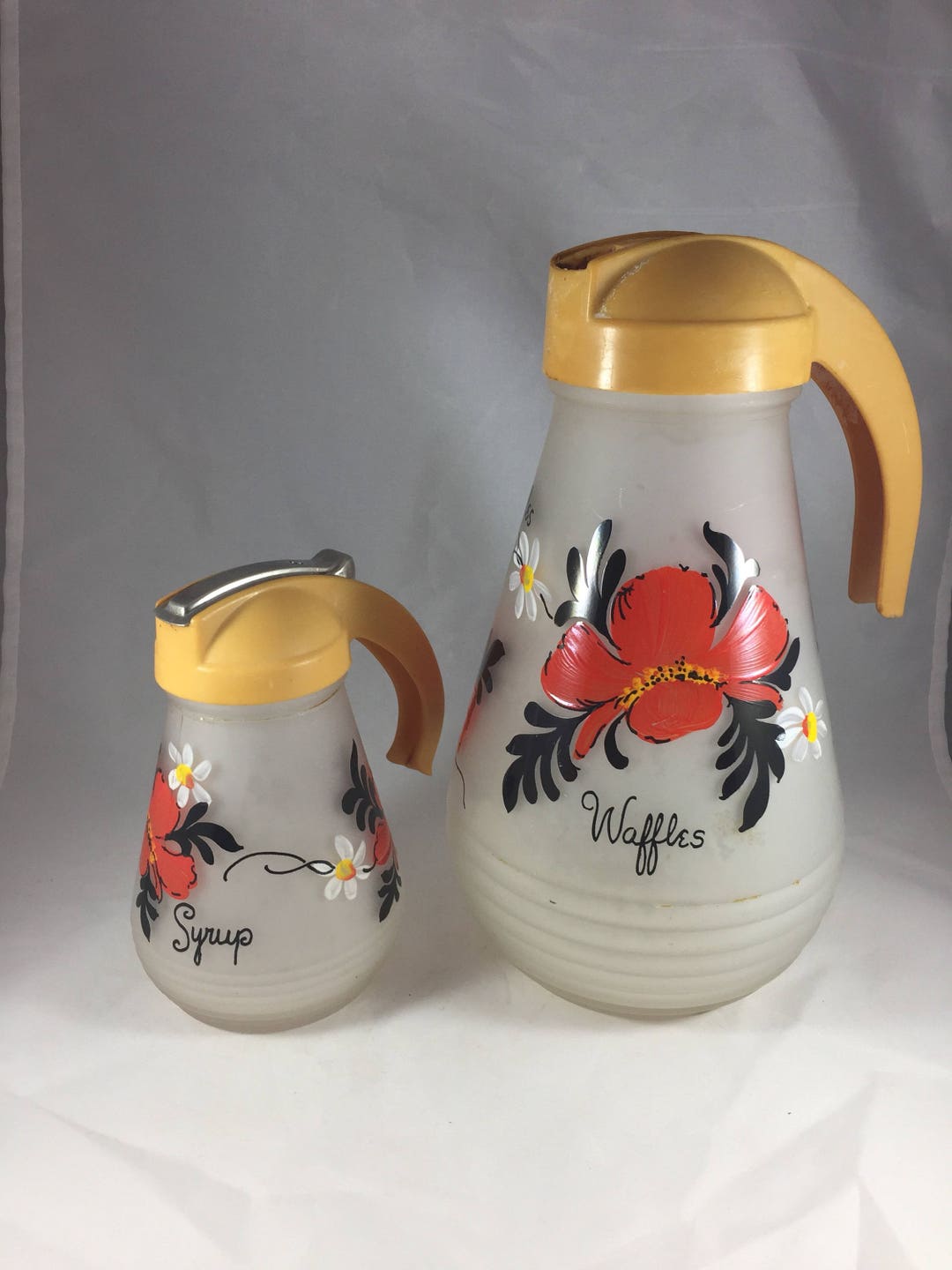 Hazel Atlas Waffle and Syrup Pitchers - Floral Pitchers - Waffle Pourer ...