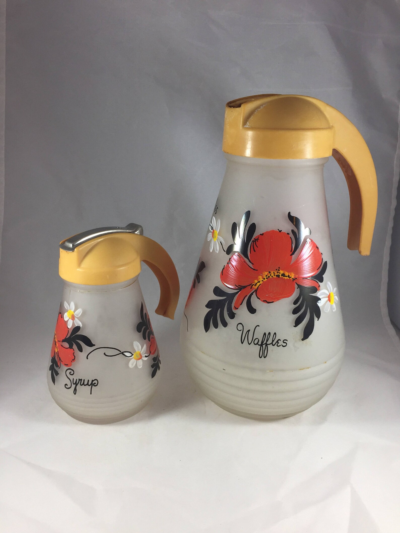 Hazel Atlas Waffle and Syrup Pitchers Floral Pitchers Waffle Pourer ...