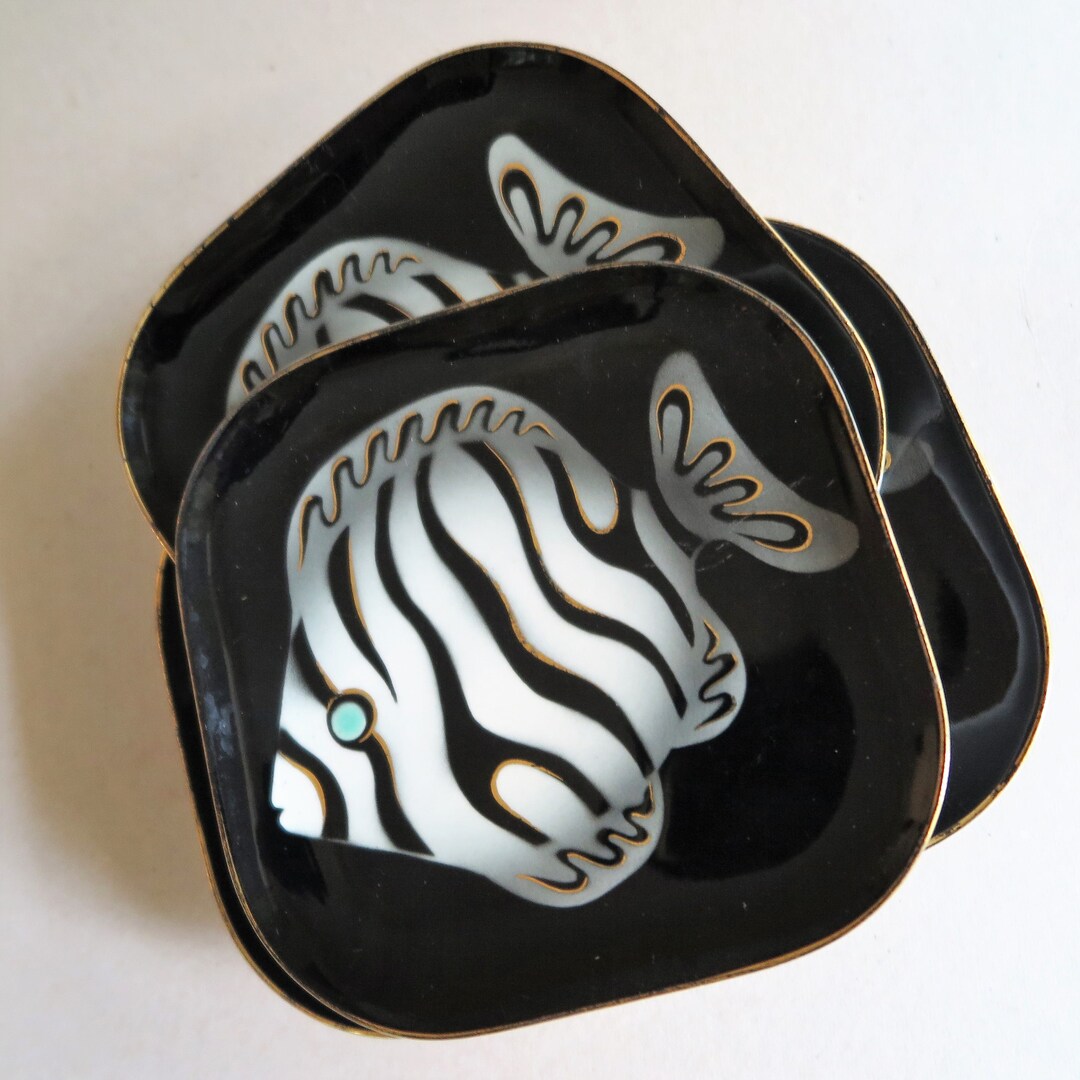 Vintage Kokura Ware Porcelain Japan Small Square Plates/mcm Black White ...