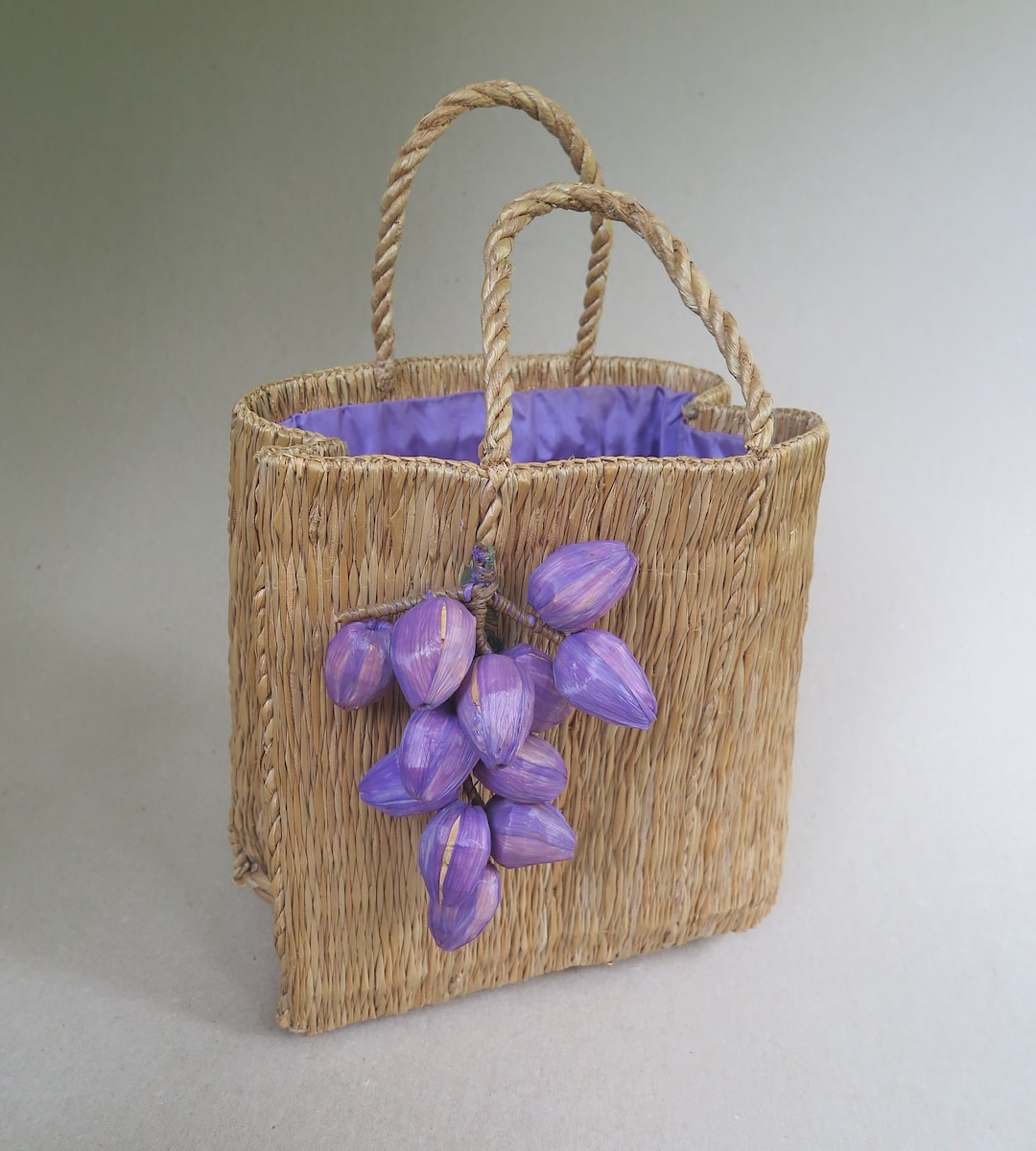 Whimsical Summer Hand Woven Raffia Tote Bag With Cluster of Purple ...