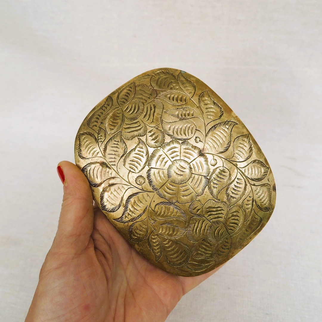 Vintage Sarna of India Lidded Brass Bowl/intricate Hand Etched Floral ...