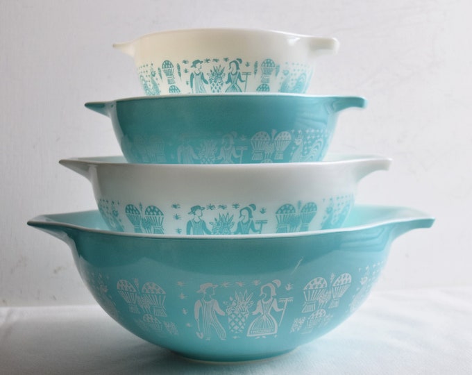 Set of 4 Blue Turquoise and White Pyrex Amish Butterprint Cinderella ...