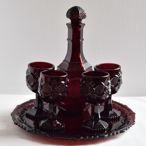 Avon Ruby Red Decanter Set on A Large Plate / Avon Red Wine - Etsy