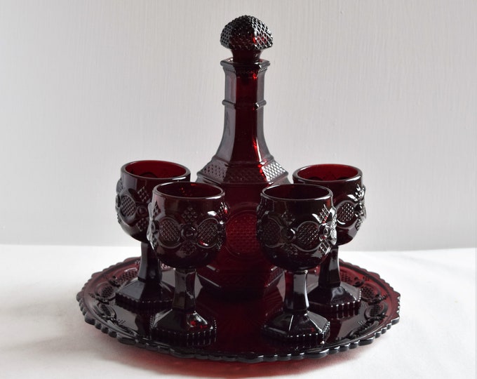 Avon Ruby Red Decanter Set on A Large Plate Wine Glasses Bottle - Etsy