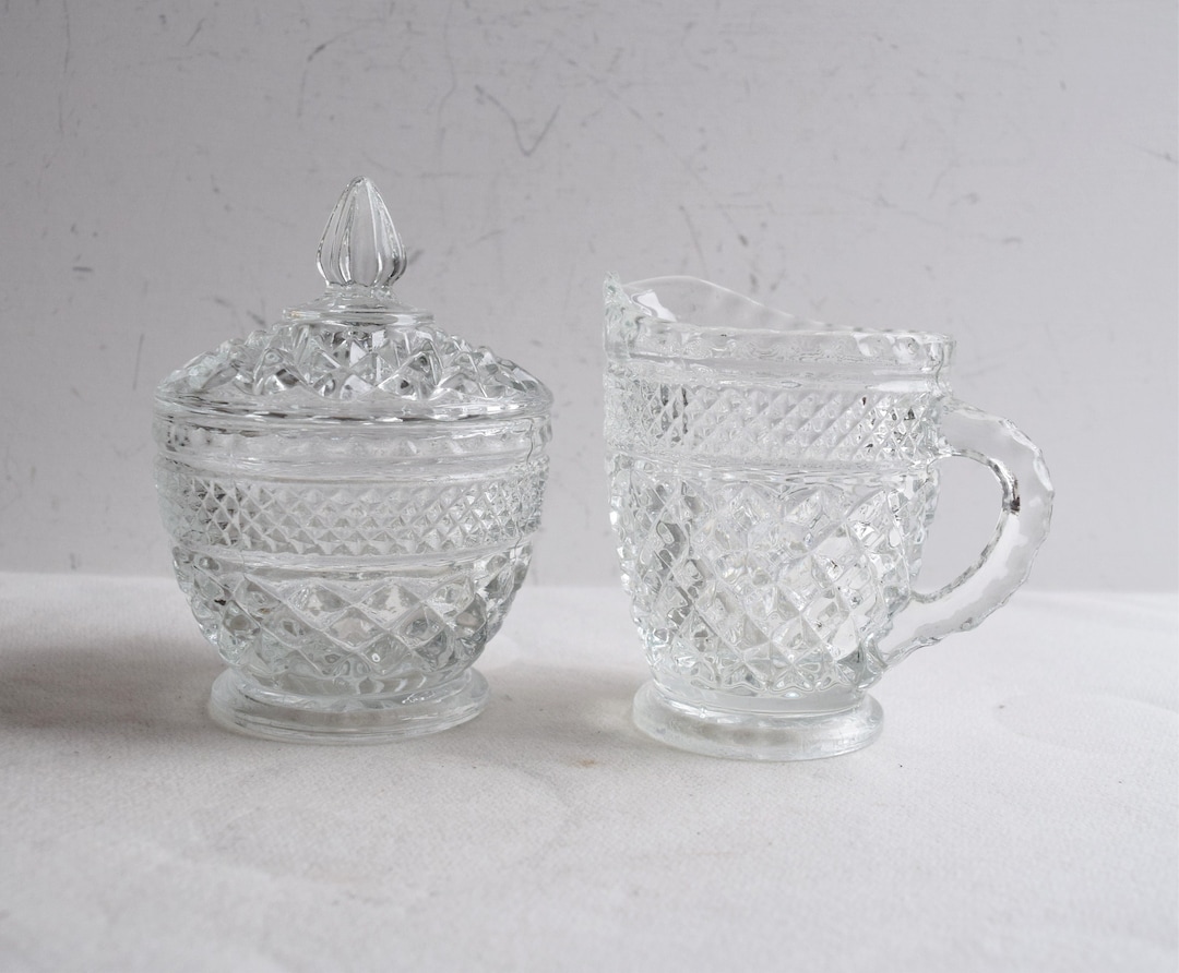 Vintage Diamond Pattern Glass Cream and Sugar Set Wexford Glassware ...