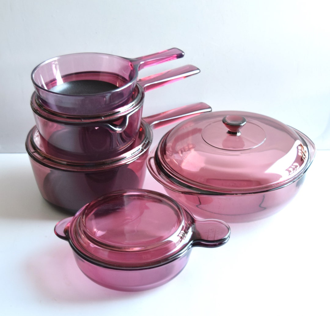 Set of 9 Piece Corning Vision Cranberry Cookware With Lid and Teflon - Etsy