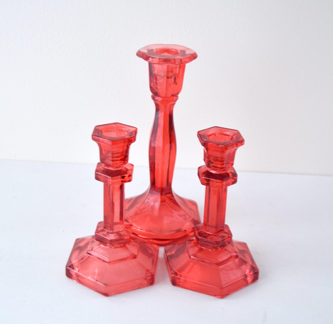 Set of 3 Mixed Glass Red Candle Holders Novelty Home Decorative ...