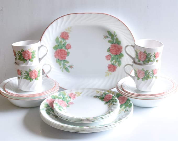 Corelle Elegant Rose Dinnerware by Corning Table 4 Place Settings Set ...