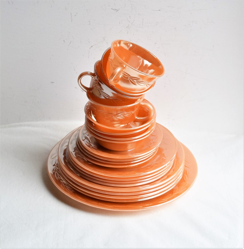Vintage Fire King Peach Lustre Dinnerware Set - Laurel Leaf, 21 Piece ...