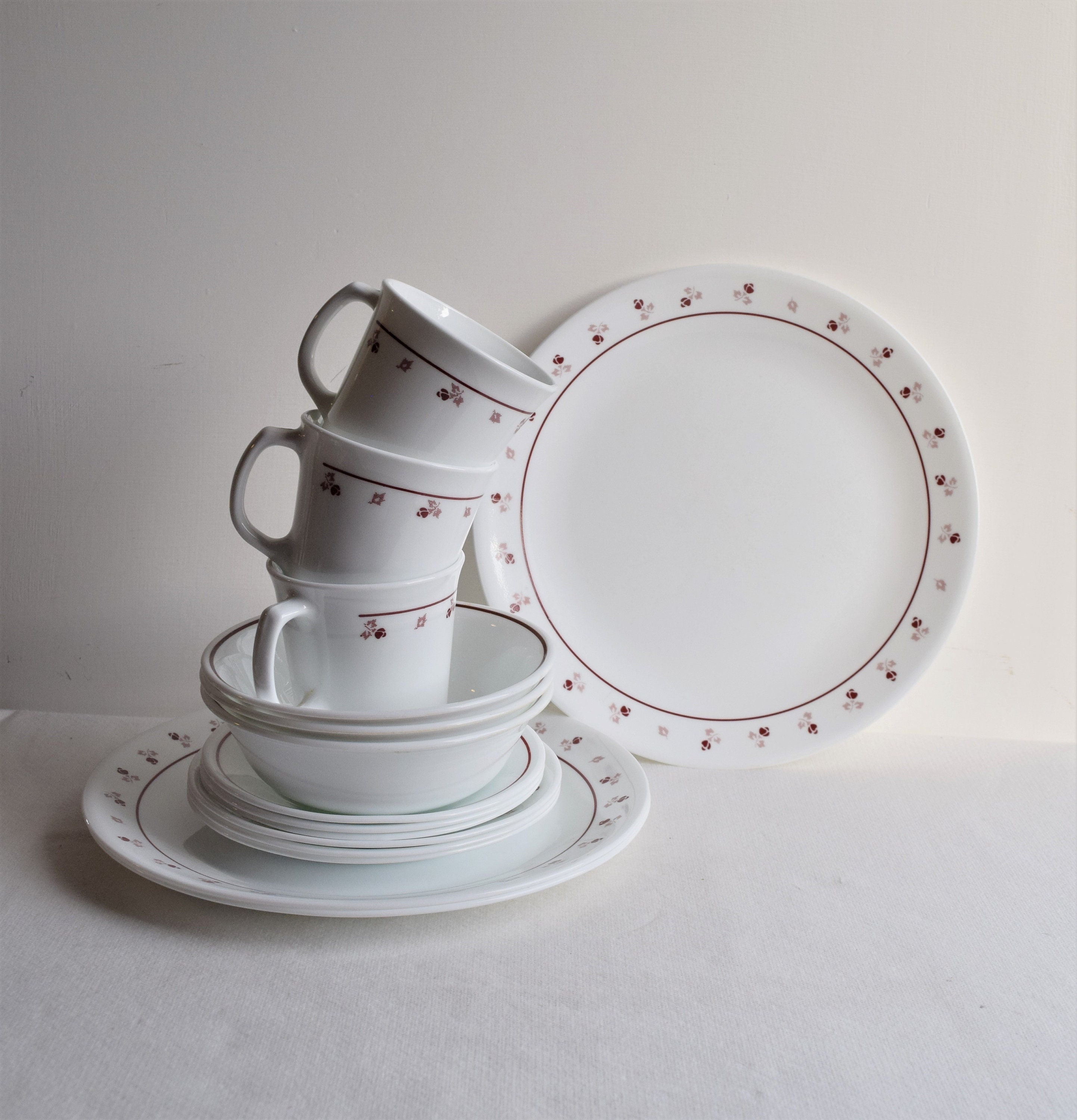 Set of 15 Corelle burgundy Rose Dinnerware by | Etsy