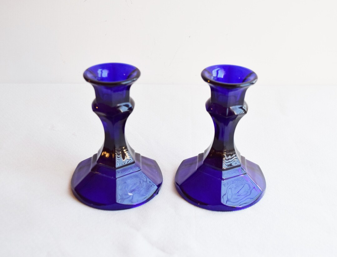 Vintage Cobalt Blue Glass Candle Holders - Set of 2 - Etsy