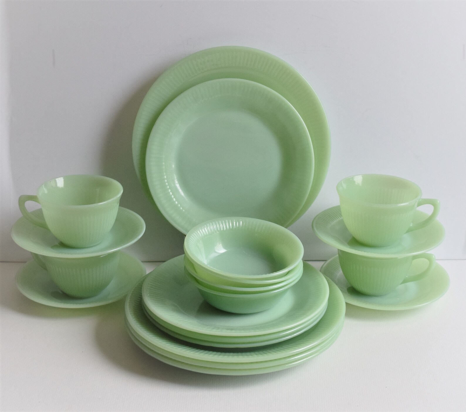 Vintage Fire King Jadeite Dinnerware Set: Jane Ray Green Dishes, 23 ...