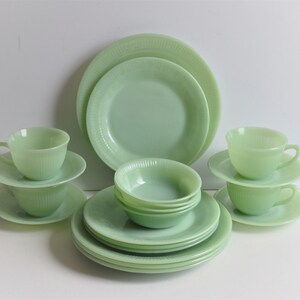 Vintage Fire King Jadeite Dinnerware Set: Jane Ray Green Dishes, 23 ...