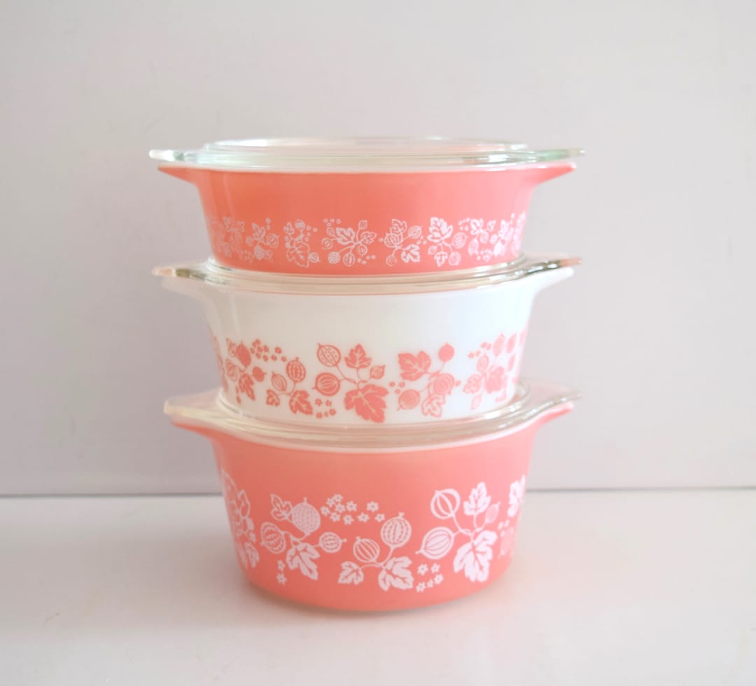 Pyrex Gooseberry Lidded Nesting Casseroles 471, 472 and 473 Pink and ...