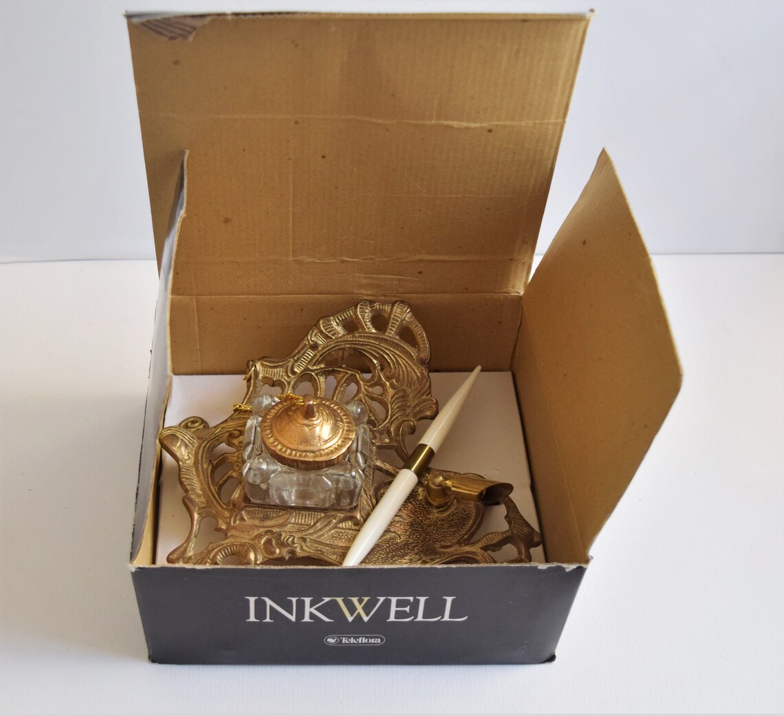 Teleflora Brass Inkwell With Pen in Original Box/ Office Desk - Etsy