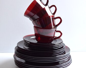 Vintage Royal Ruby Red Anchor Glass Dinnerware/red Glassware/ 24 Piece ...