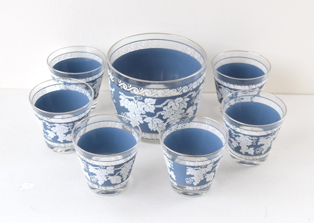 Set of 7-piece Hazel Atlas White Grapes Short Glasses and A Ice Bucket ...