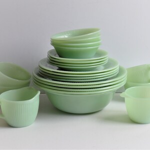 Vintage Fire King Jadeite Dinnerware Set: Jane Ray Green Dishes, 23 ...