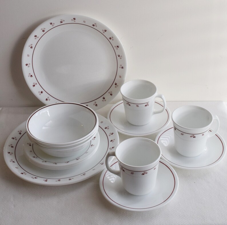 Set of 15 Corelle burgundy Rose Dinnerware by | Etsy